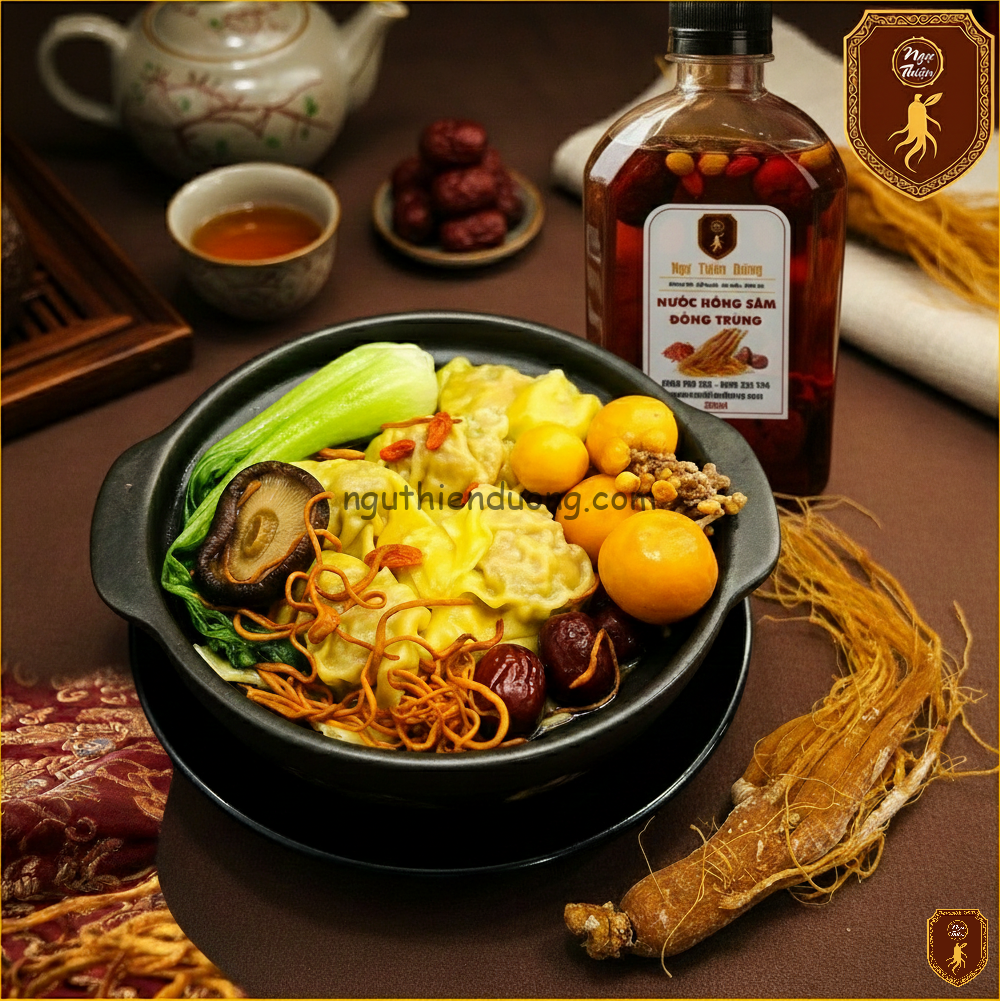 Mì Hoành Thánh Trứng Non Tiềm Hồng Sâm + Nước Hồng Sâm - Ngự Thiện Đường